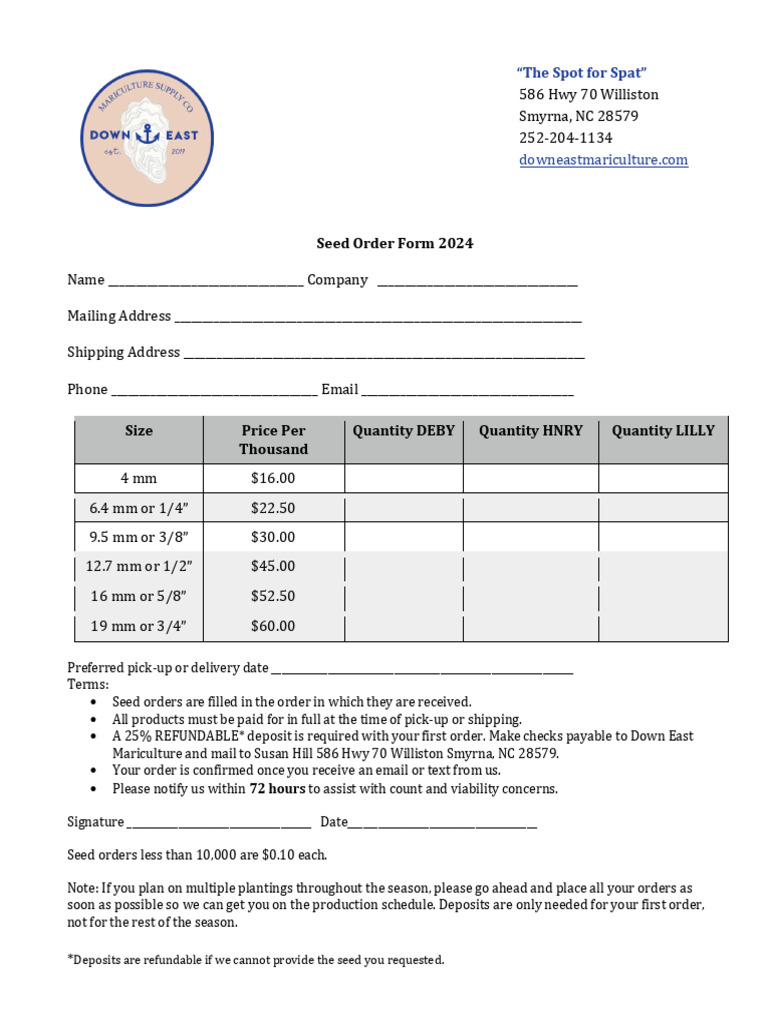 2024 Seed Order Form for Mariculture | PDF