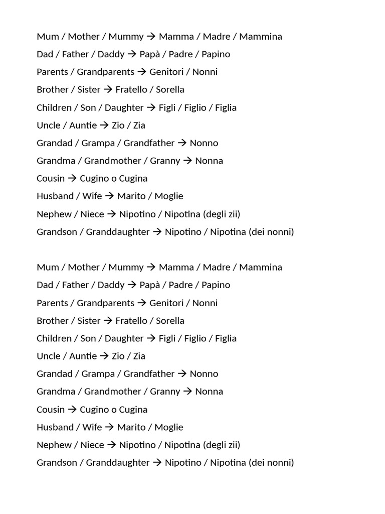 Family Terms in Italian Translations | PDF