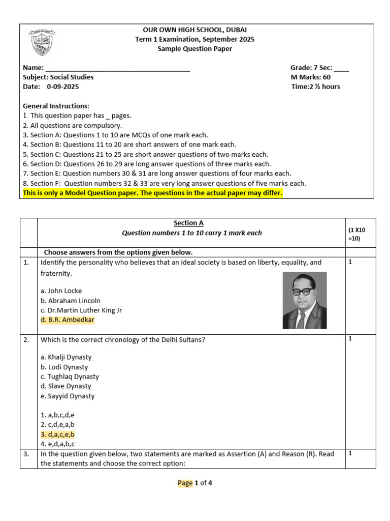 Ind SST Question Paper Format 6 7 Term 1 Examination 2025 Sep | PDF