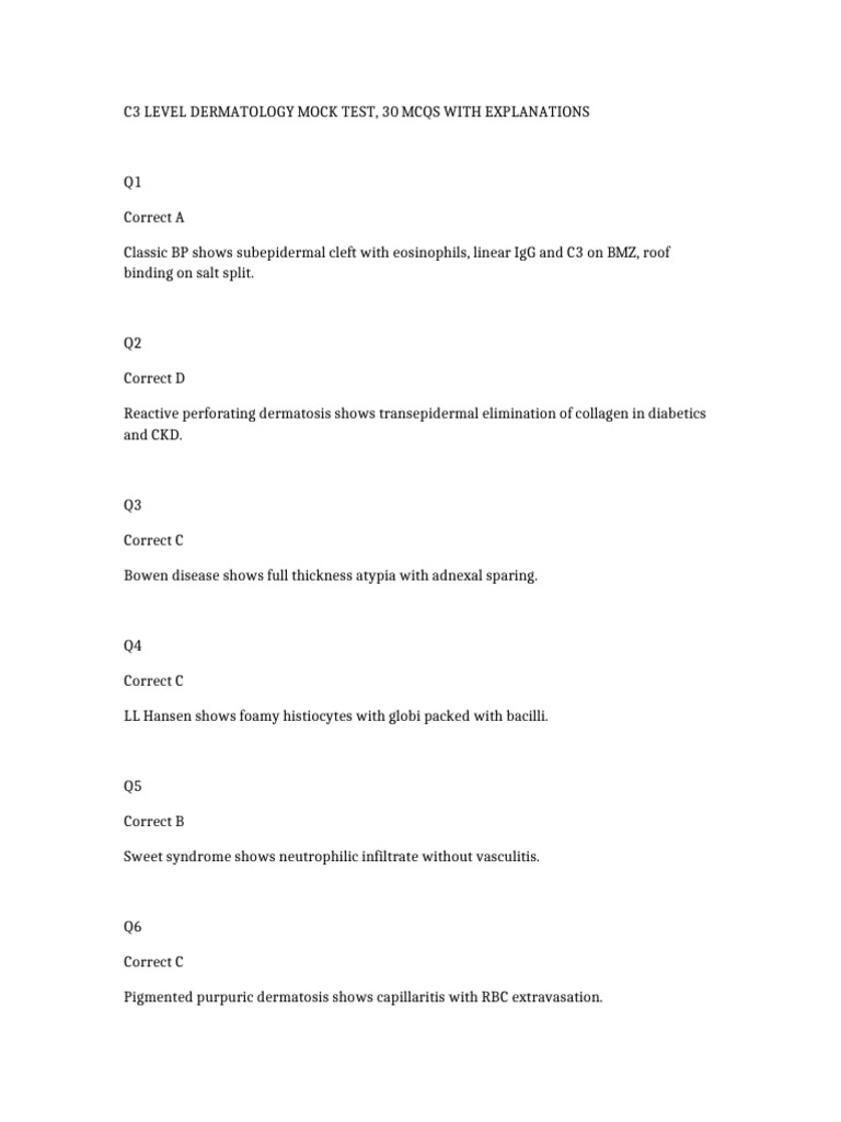 C3 Dermatology Mock Test: 30 MCQs | PDF | Dermatology | Skin
