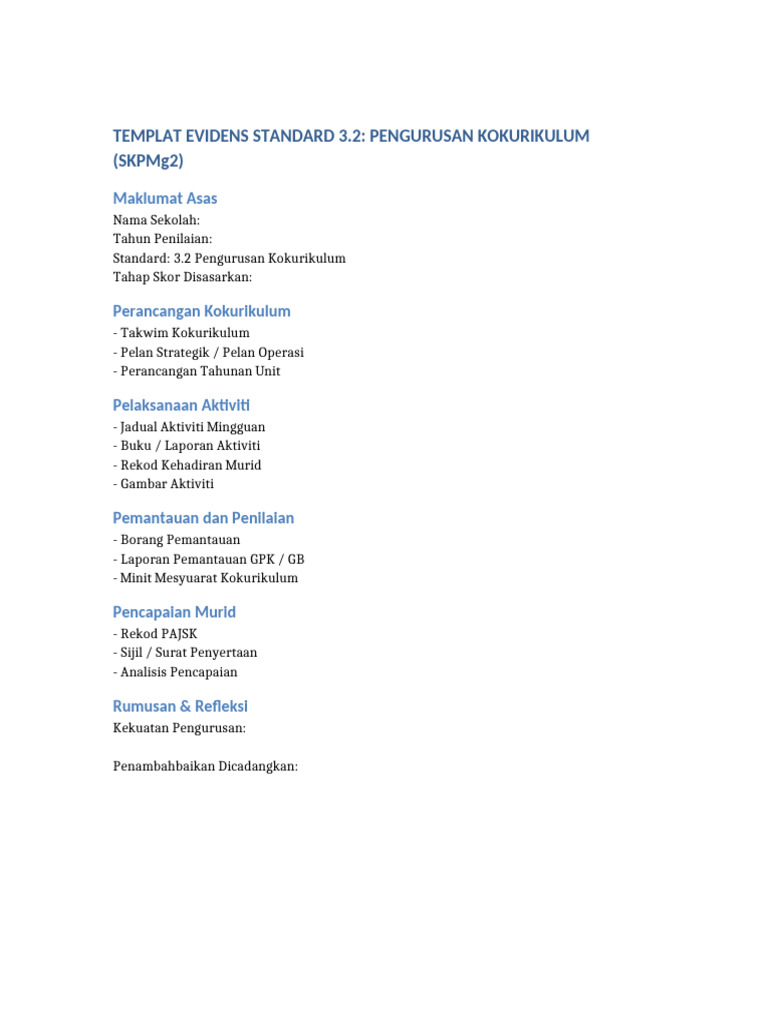 Templat Evidens Standard 3.2 Kokurikulum SKPMg2 | PDF