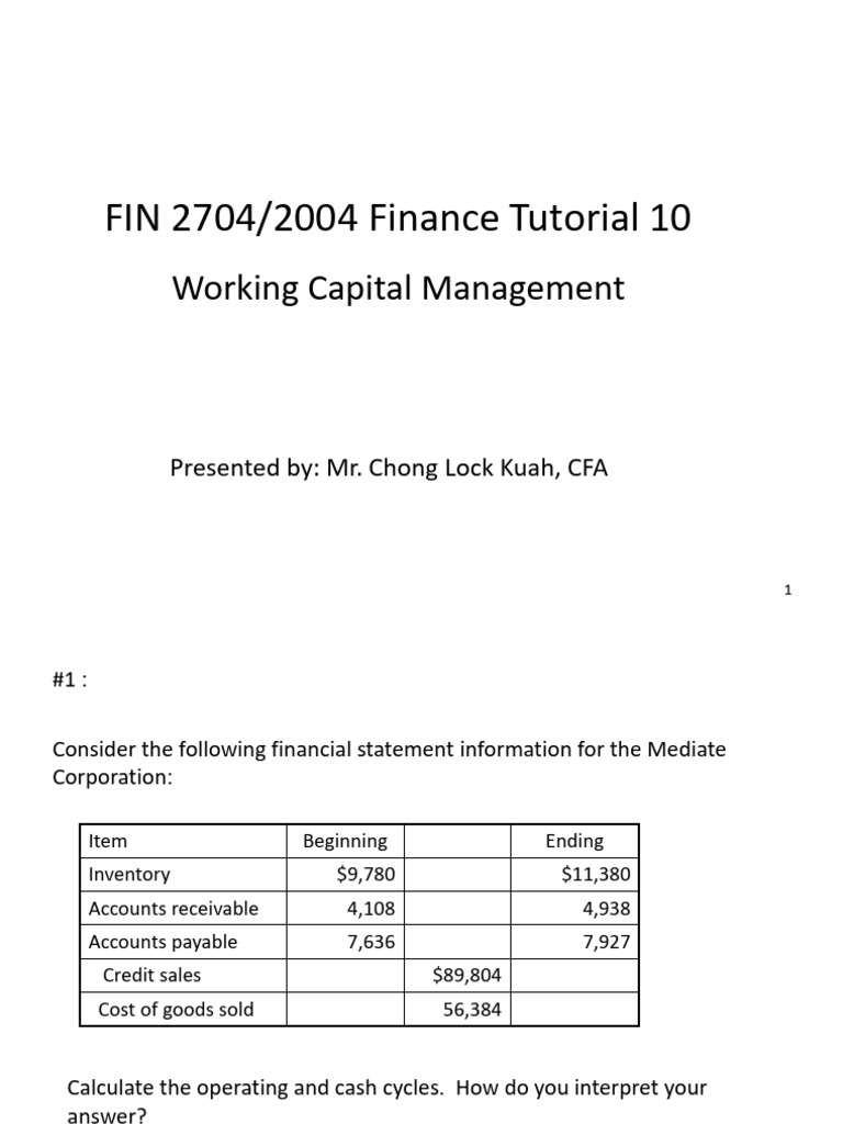 FIN2004 2704 2020 2010 Semester 1 Tutorial 10 Working Capital ...
