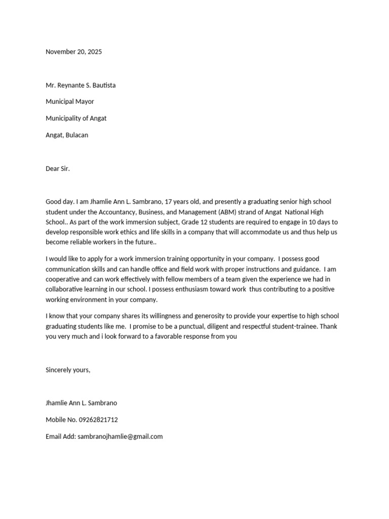 Work Immersion Application Letter | PDF