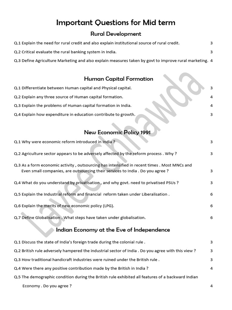 Important Questions For Mid Term 12 | PDF | Economies | Money