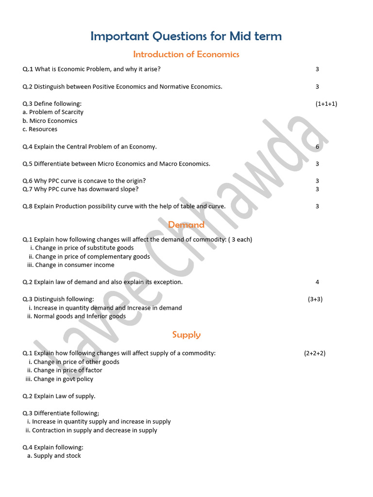 Important Questions For Mid Term 11 | PDF | Supply (Economics) | Demand