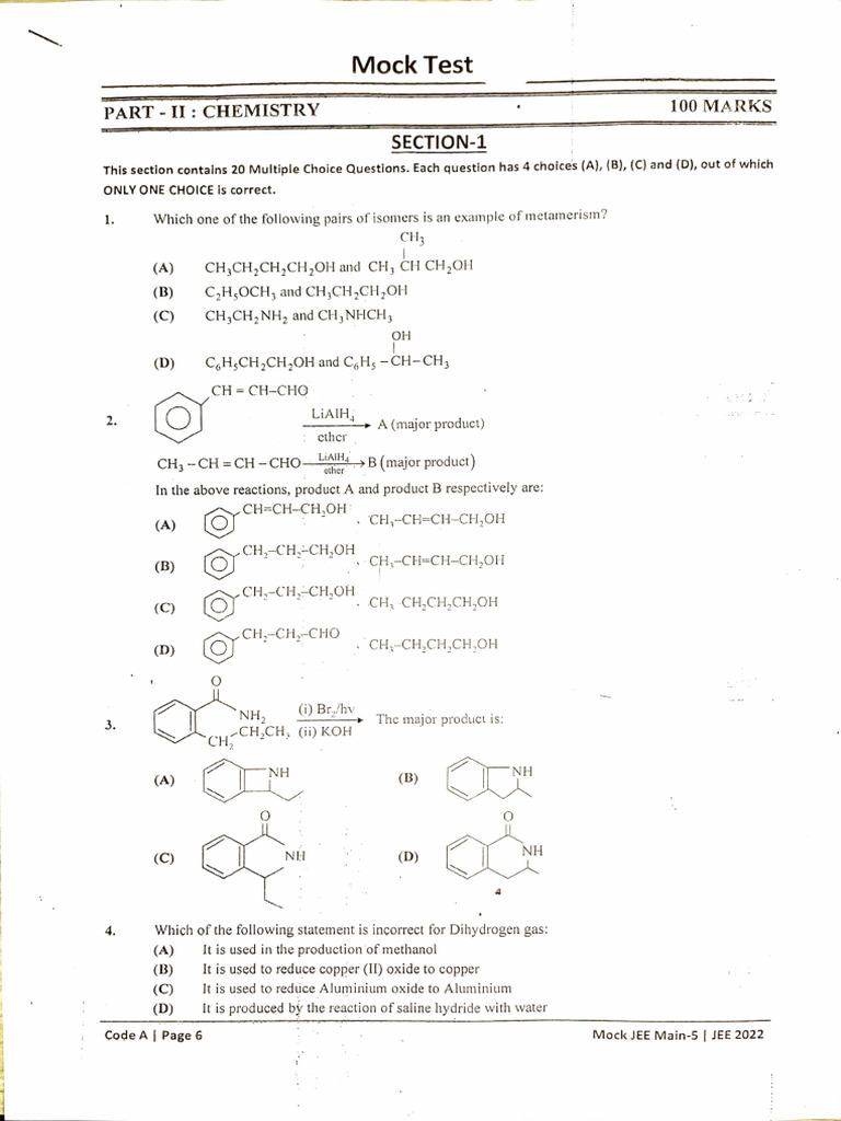 Mock Test 5 for IIT Mains | PDF | Acid | Mole (Unit)