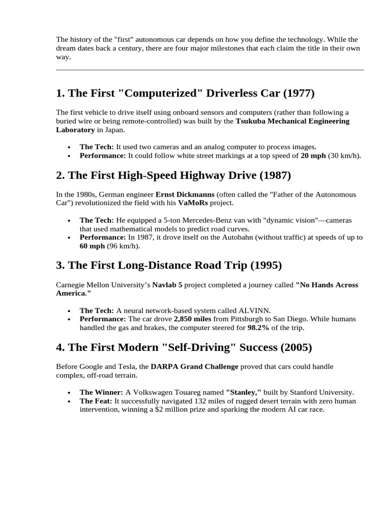 Milestones in Autonomous Car History | PDF