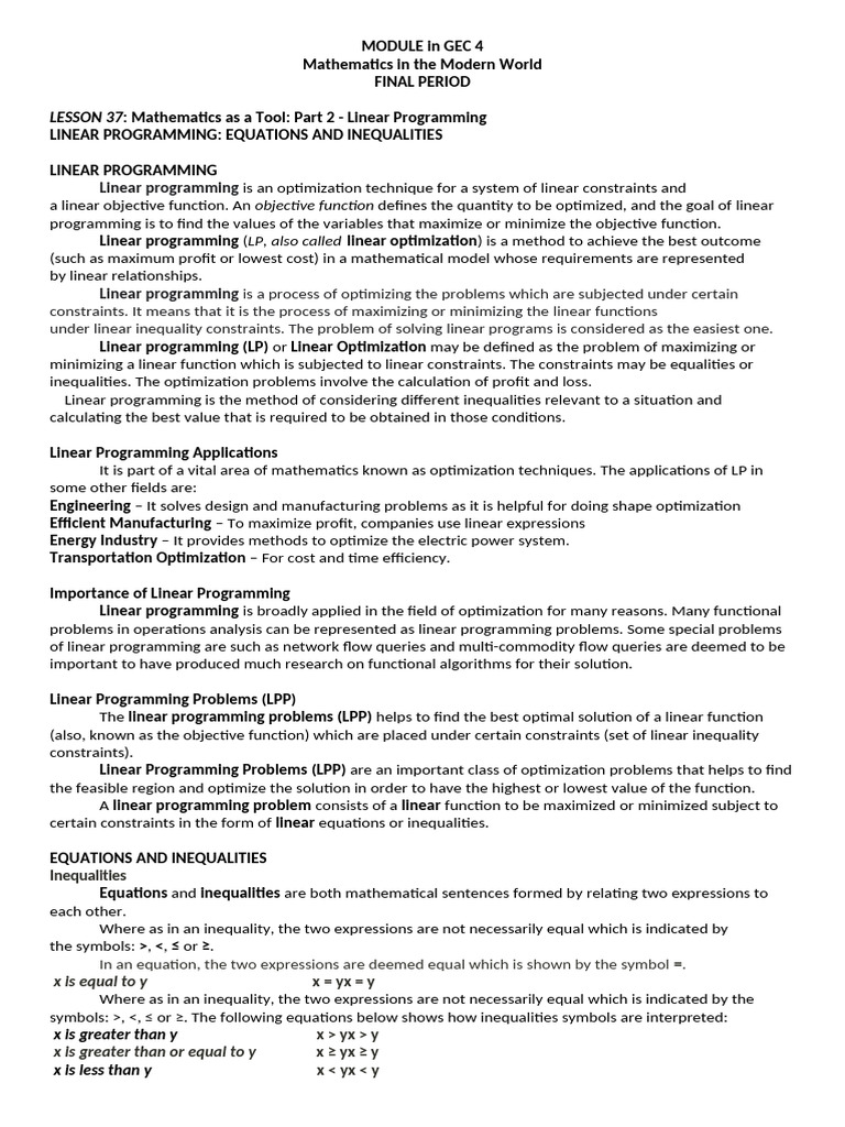 Linear Programming: Equations & Inequalities | PDF | Linear Programming ...