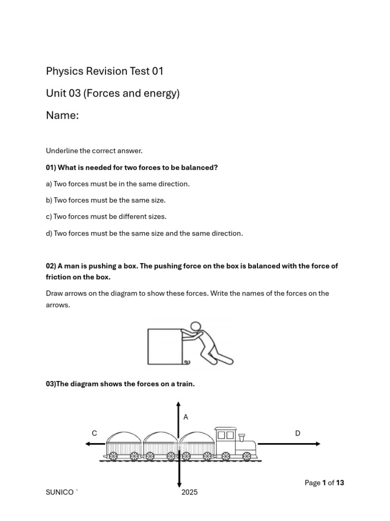 Physics Revision Test: Forces & Energy | PDF | Force | Speed
