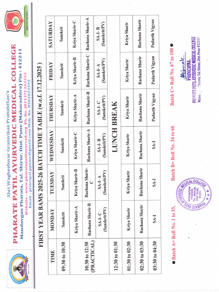 BAMS Batch 2025 Time Table | PDF