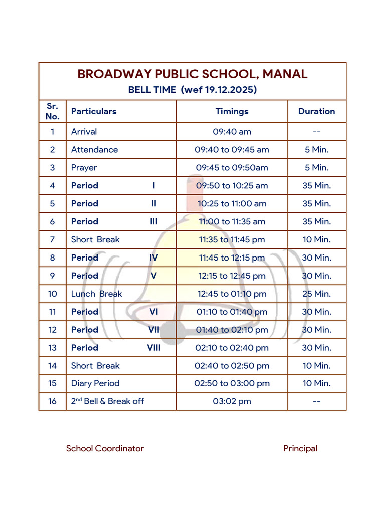 Broadway Public School Bell Schedule | PDF