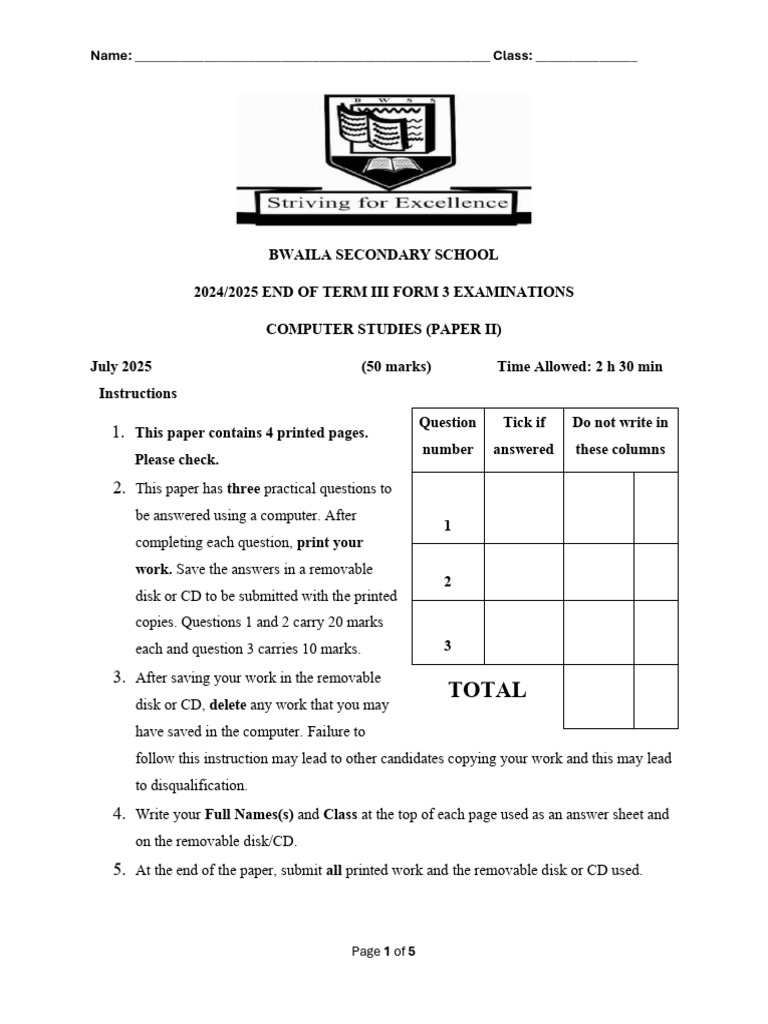 Comp Form 3 End of Term Three 2025 | PDF | Typefaces | Computer Science