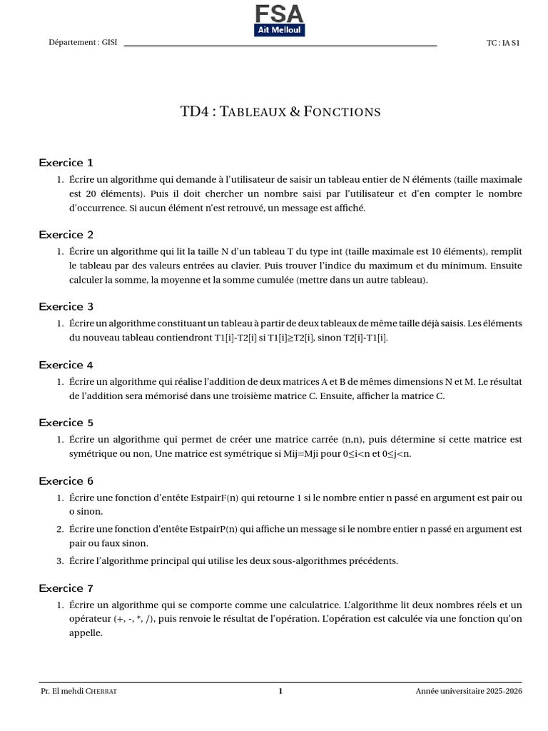 TD4 Tableau Fonction | PDF | Matrice (Mathématiques) | Mathématiques