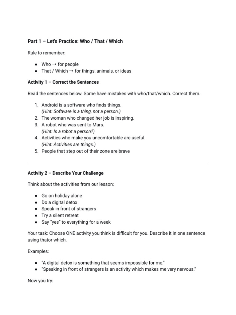 Part 1 – Let's Practice_ Who _ That _ Which - Google Docs | PDF ...