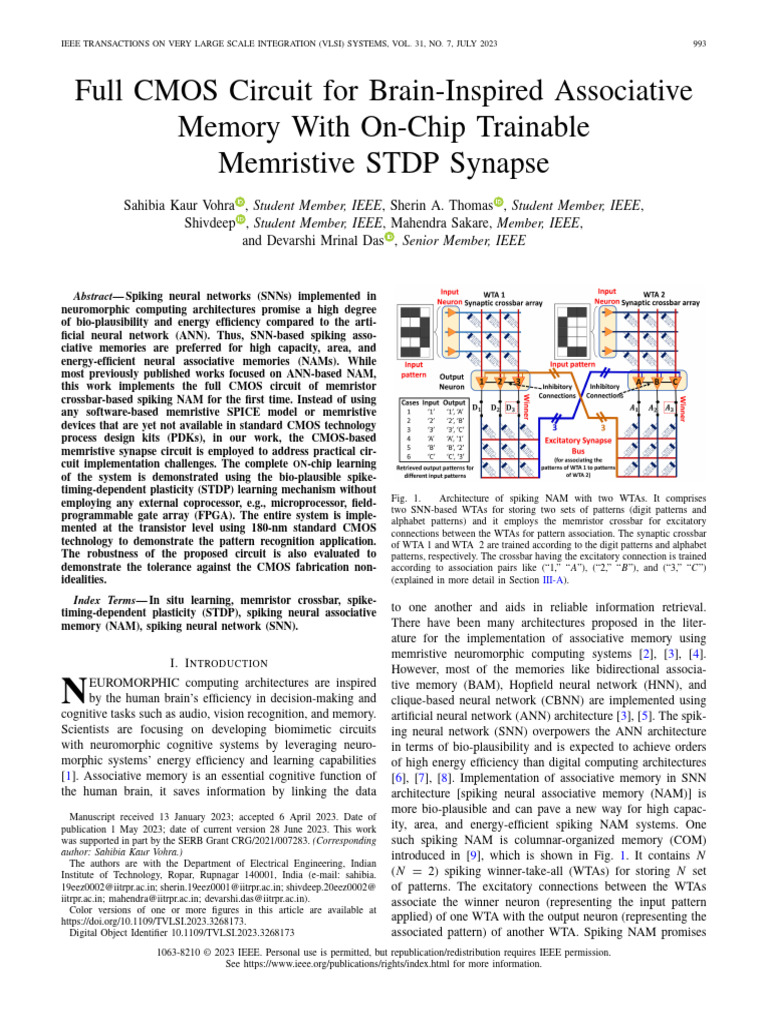 Full CMOS Circuit For Brain-Inspired Associative Memory With On-Chip ...