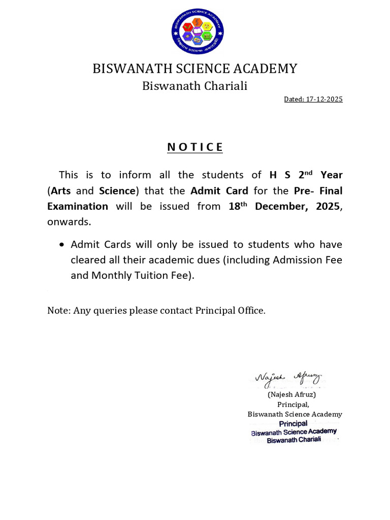 Pre Final Admit Card Notice | PDF