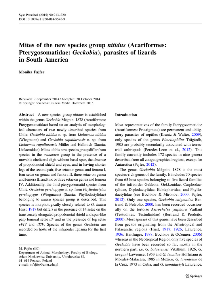 Mites of the New Species Group Nitidus, Parasites of Lizards in South ...