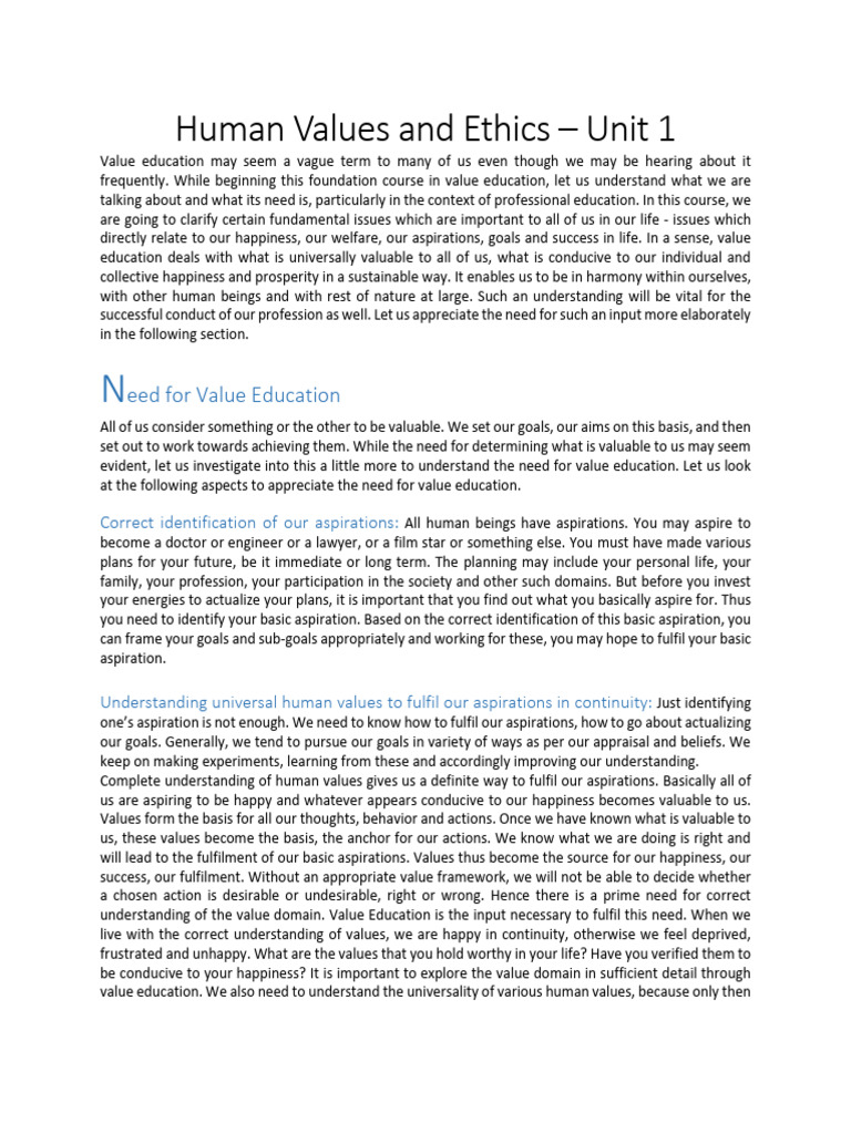 Human Values and Ethics Notes Unit-1 | PDF | Gratitude | Value (Ethics)