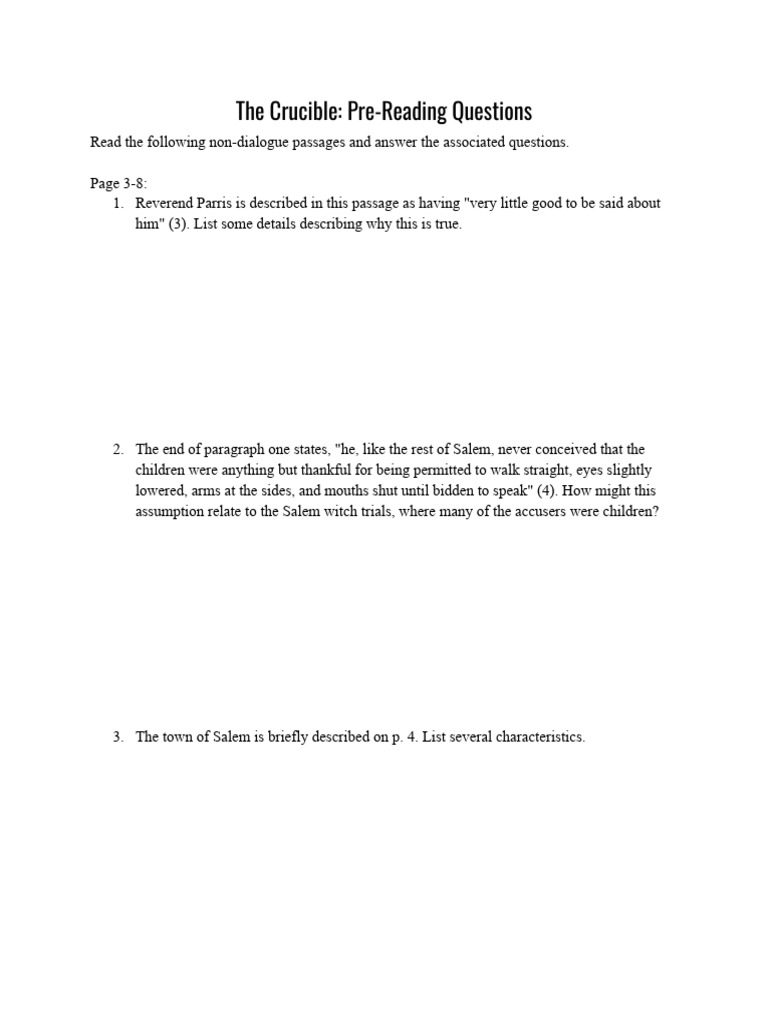 The Crucible_ Pre-Reading Questions | PDF