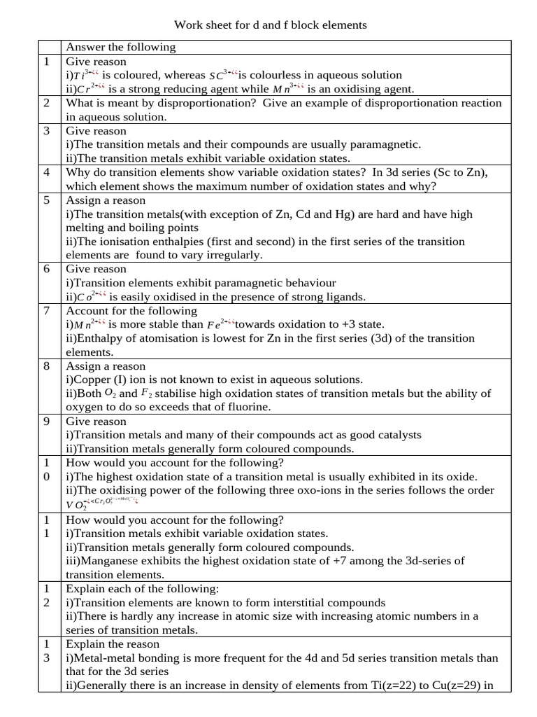 Transition Elements Worksheet Analysis | PDF | Transition Metals | Redox