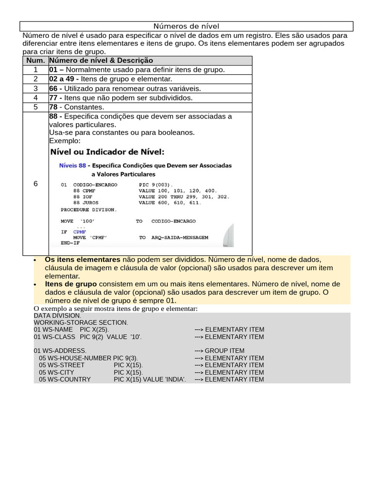 COBOL - Números de Nível | PDF