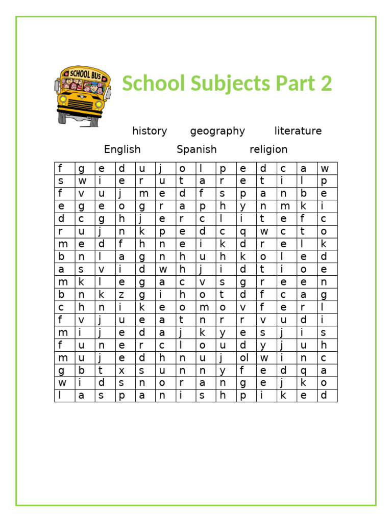 School Subjects Wordsearch Part 2 Wordsearches 73357 | PDF
