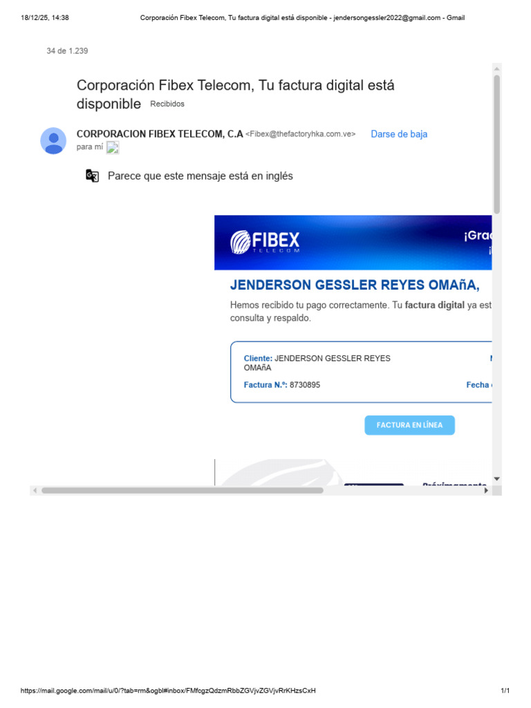 Factura Digital de Fibex Telecom Disponible | PDF