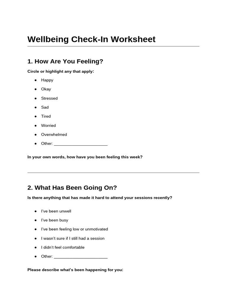 Wellbeing Check in Worksheet | PDF