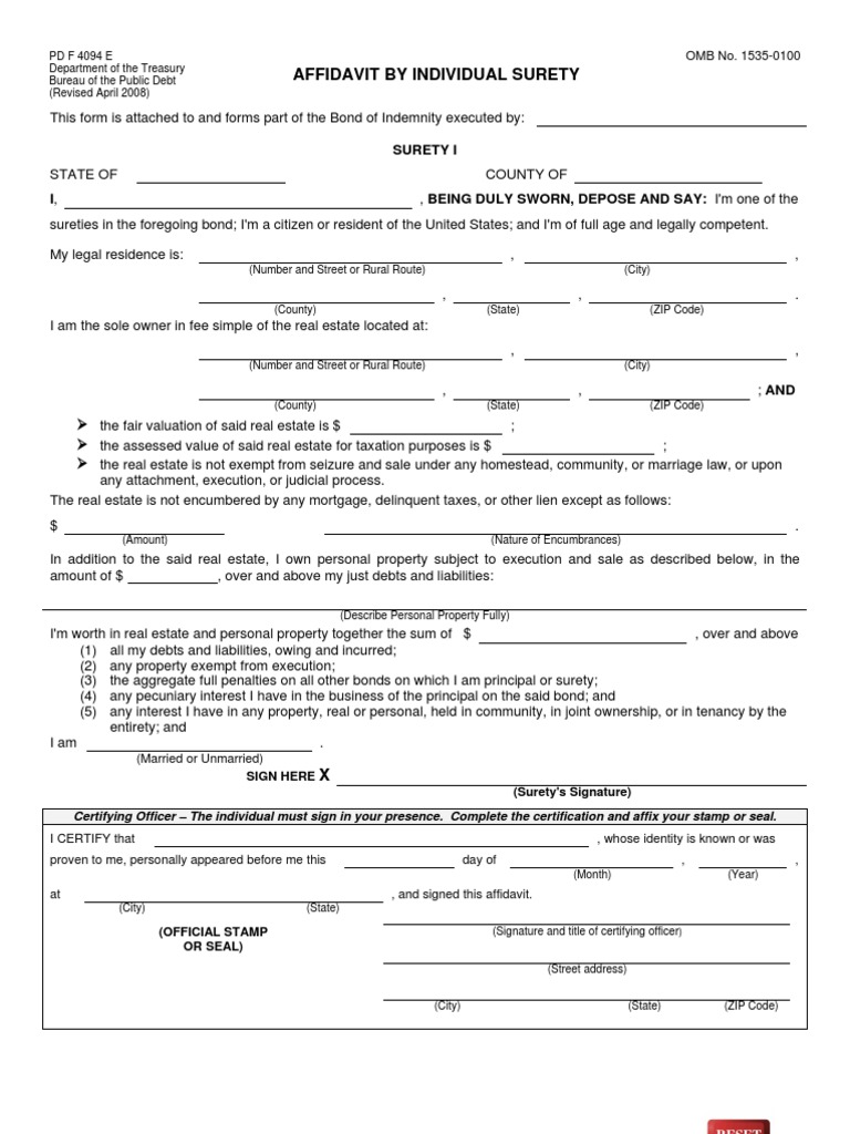 Individual Surety Affidavit Form | PDF