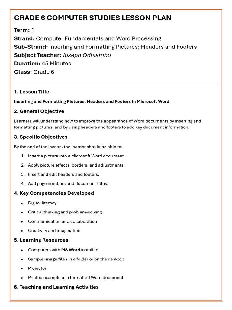 Grade 6 Word Processing Lesson Plan | PDF | Microsoft Word | Page Layout