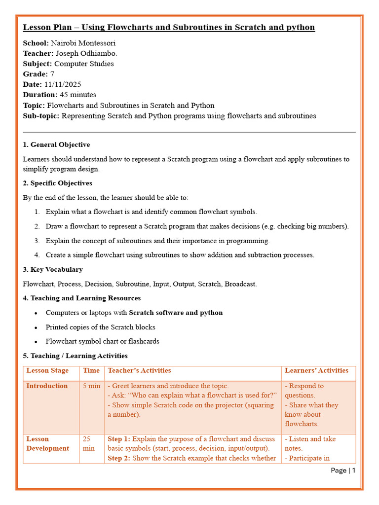 Flowcharts & Subroutines in Scratch/Python | PDF | Scratch (Programming ...