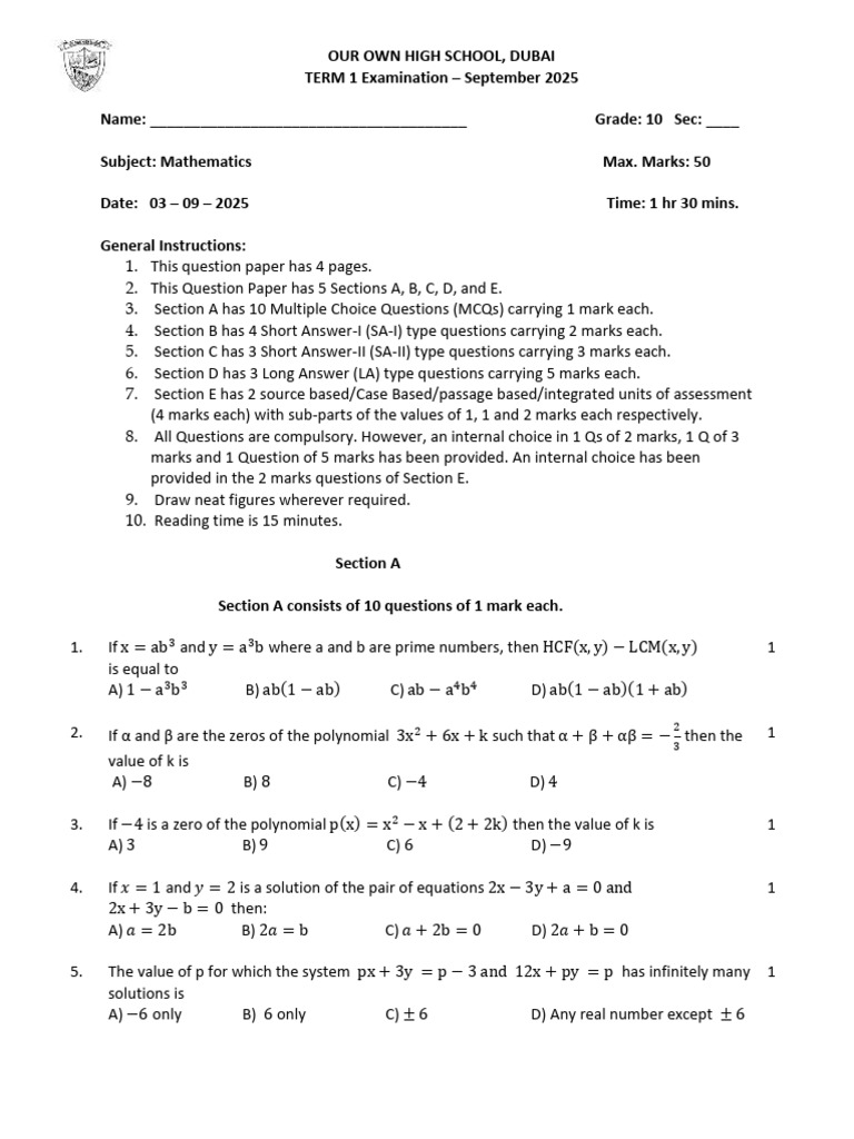 TERM 1 Examination X – September 2025 Question Paper Math | PDF ...