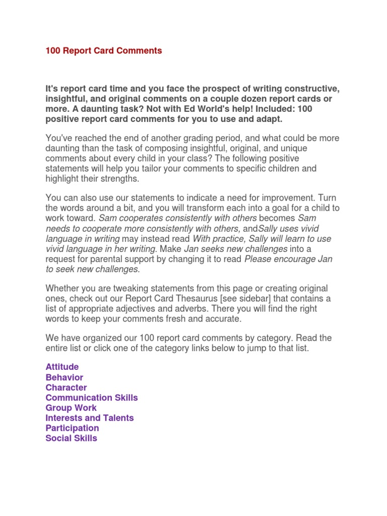 100 Report Card Comments | Download Free PDF | Homework | Classroom