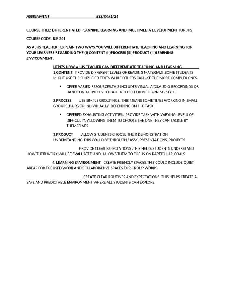 Course Title Differentiated Planning | PDF
