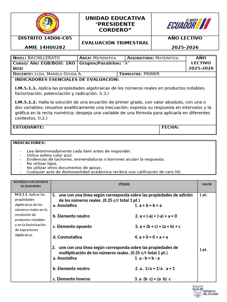 1ro Bgu Matem. Examen Primer Trimestre | PDF | Ecuaciones | Análisis matemático
