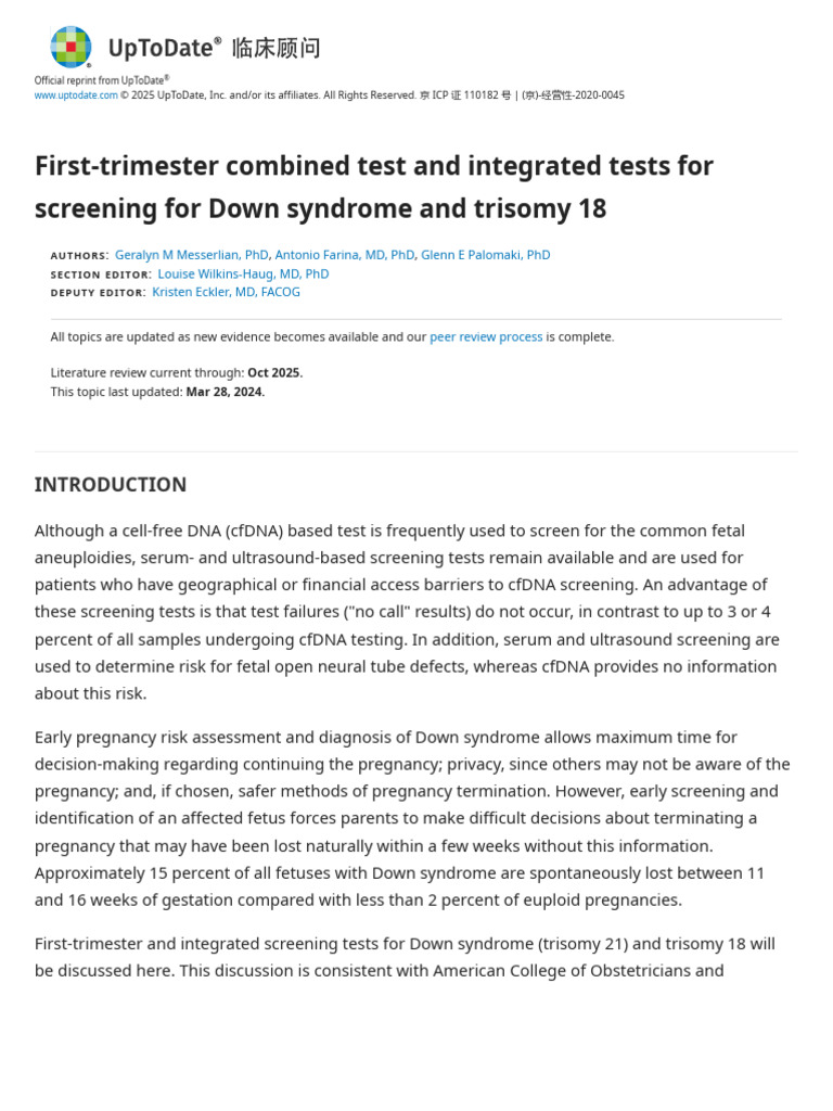 First-Trimester Combined Test and Integrated Tests For Screening For ...