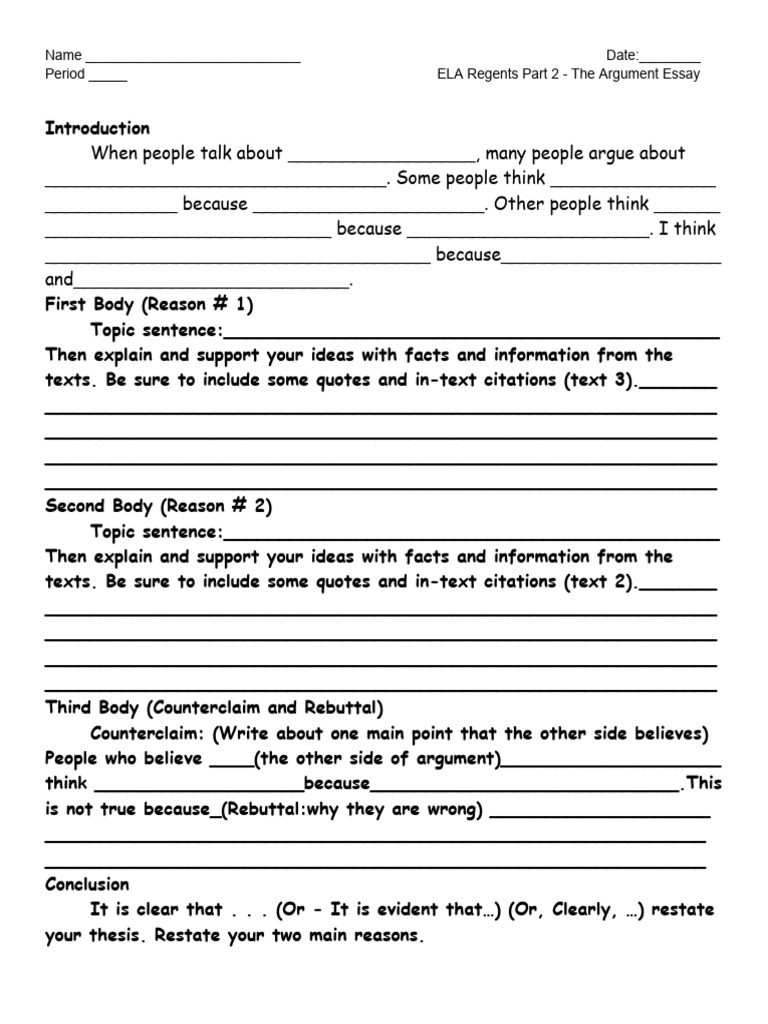 FREEArgumentEssayOutlinewithSentenceStartersELARegentsPart2-1 | PDF