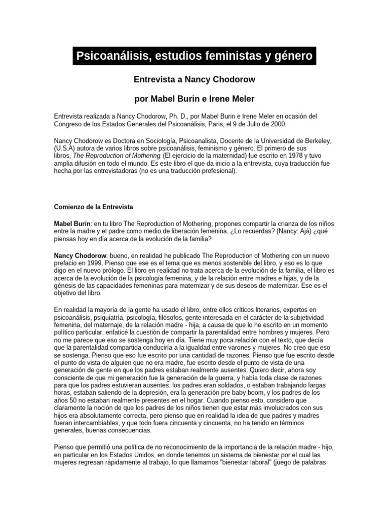 Entrevista a Nancy Chodorow sobre género y psicoanálisis | PDF | Género ...