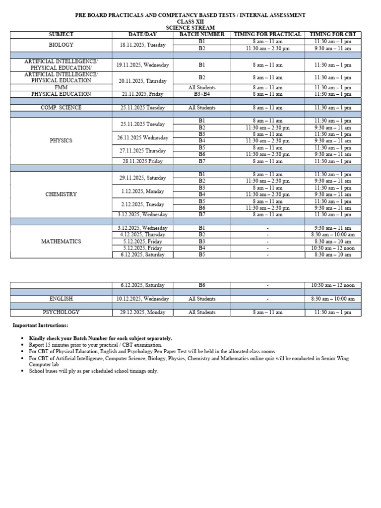 Revised Schedule of Pre Board Practical - Science Stream (1) | PDF