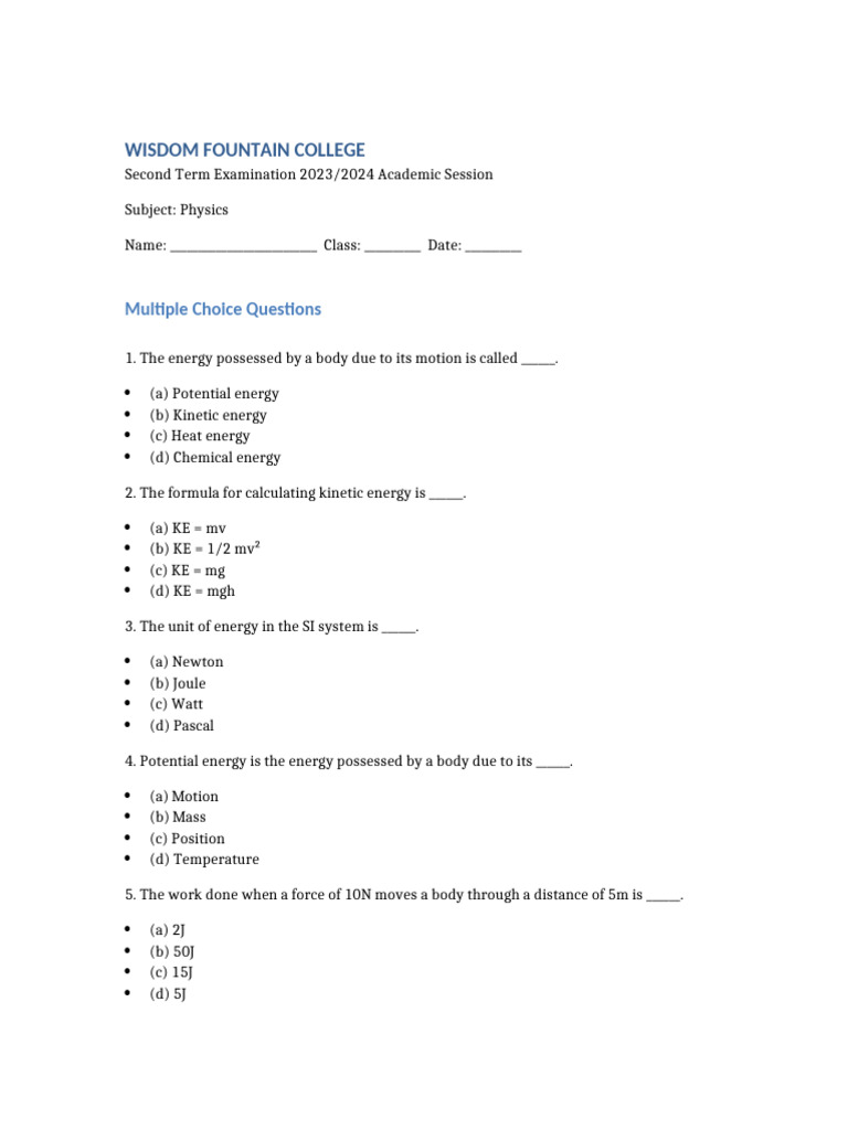 Wisdom Fountain College Exam | PDF | Physics | Classical Mechanics