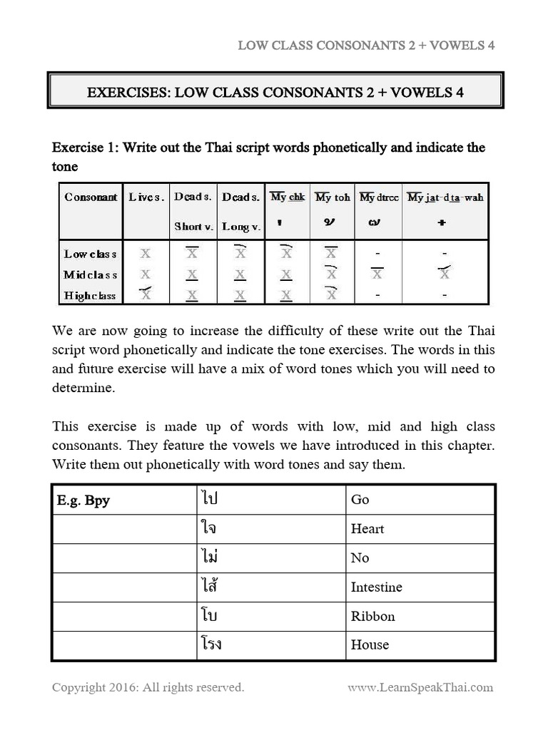 Thai Low Class Consonants Exercises | PDF | Thai Language | Tone ...