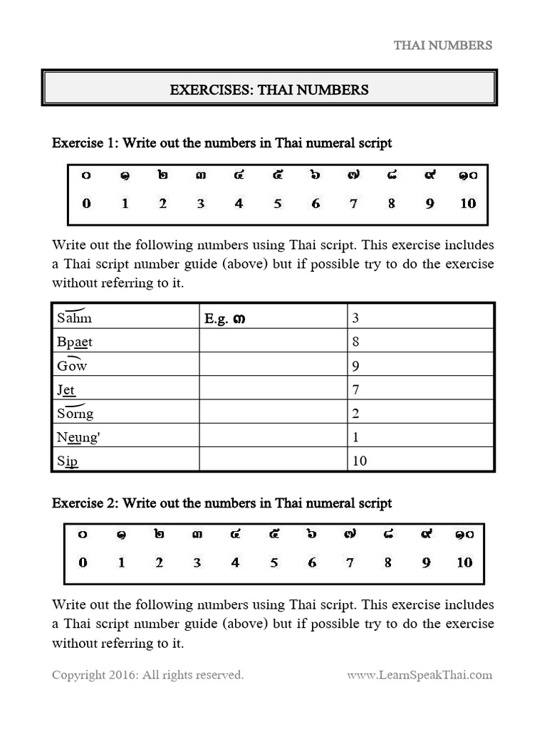 Thai Numbers Exercises | PDF | Writing | Thailand