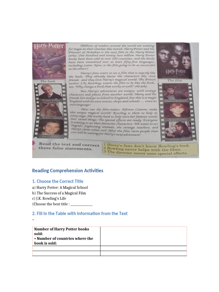 Harry - Potter - Reading Comprehension Common Core Unit 4 | PDF