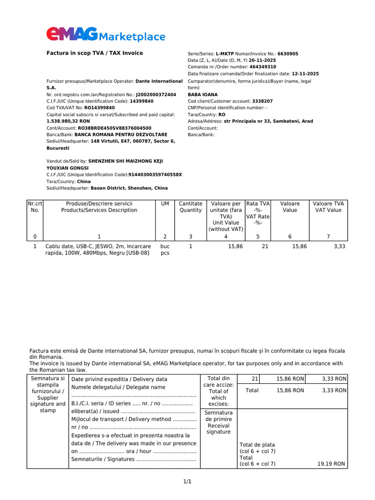 TVA Tax Invoice for USB-C Cable Purchase | PDF | Payments | Government ...