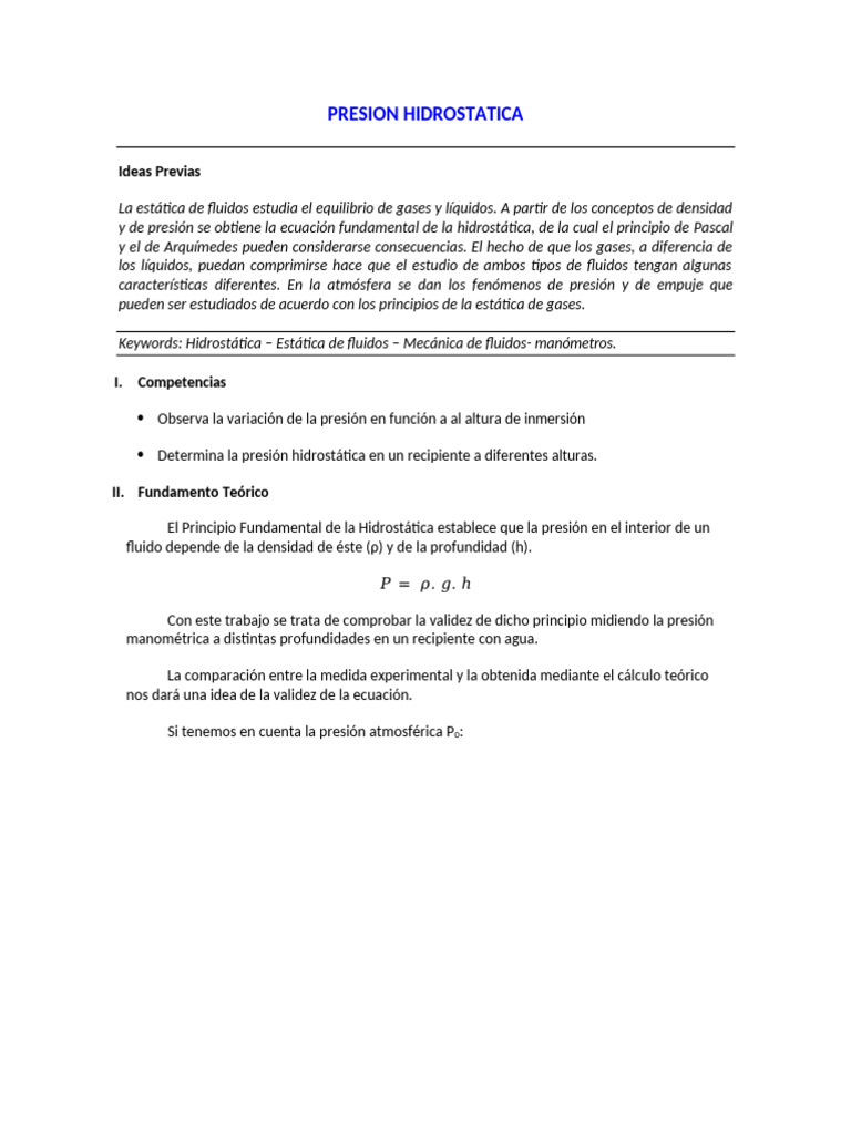 Presión Hidrostática y Experimento Práctico | PDF | Presión | Líquidos