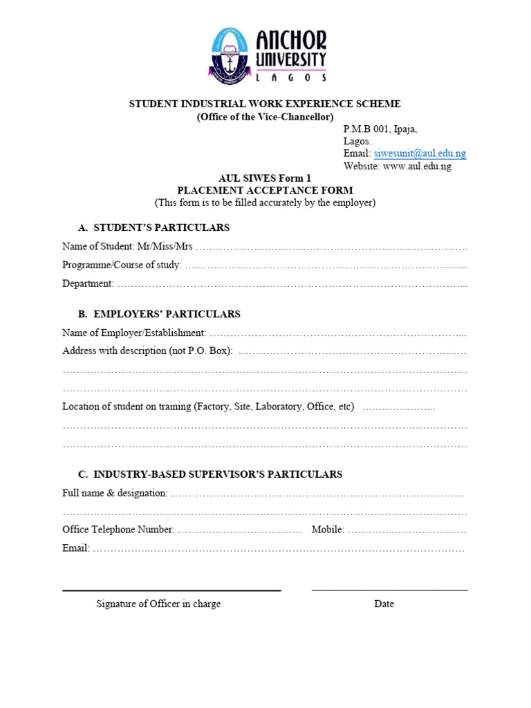 AUL SIWES Placement Acceptance Form | PDF