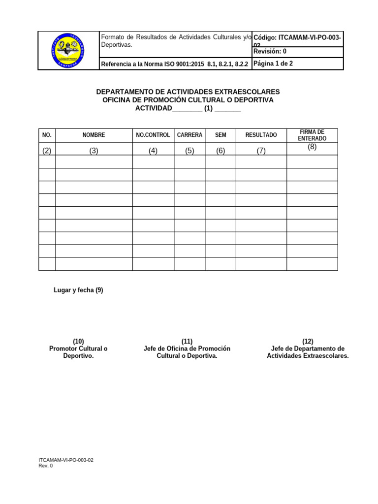 Formato Resultados Actividades Culturales | PDF
