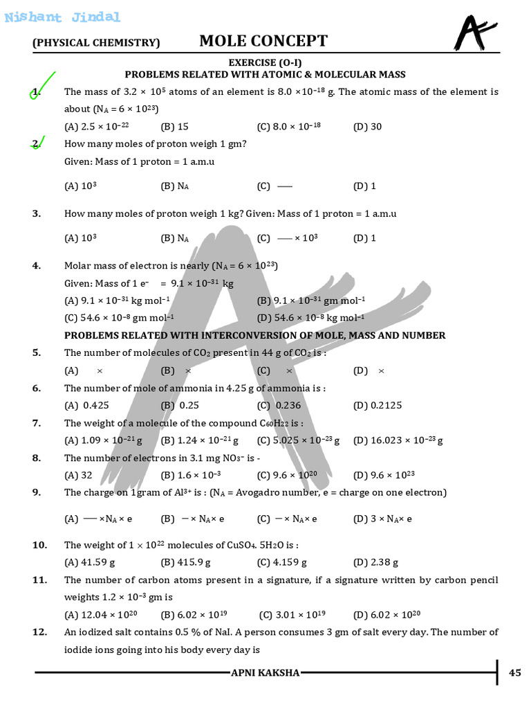 Sheet - 01 Mole Concept NJ_247 | PDF | Mole (Unit) | Atoms