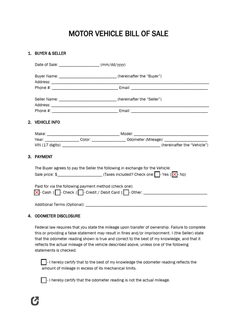 Sample Motor Vehicle Bill of Sale Form | PDF | Payments