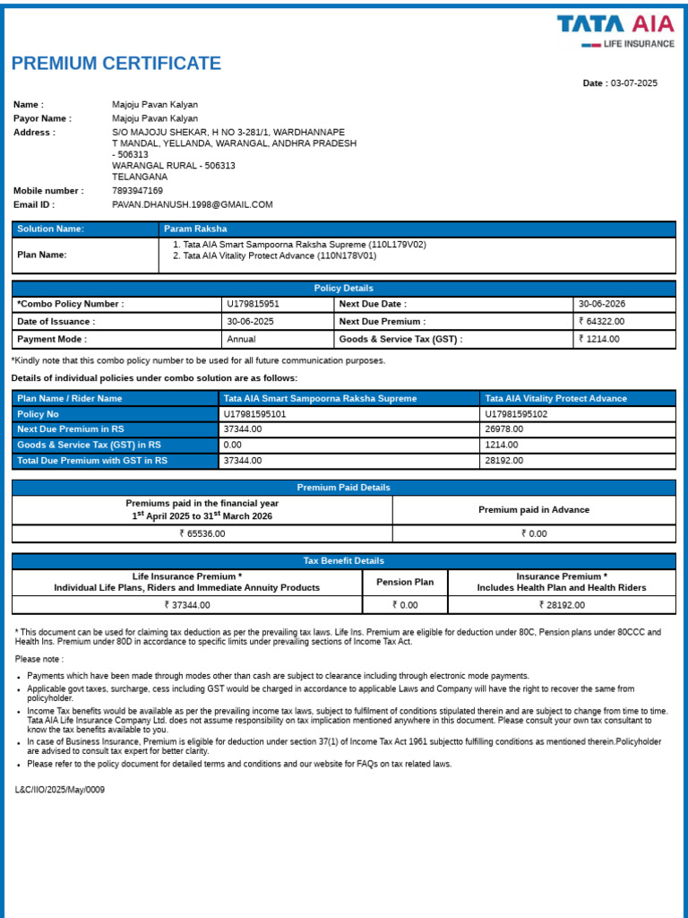 Tata AIA Premium Certificate Details | PDF | Insurance | Life Insurance